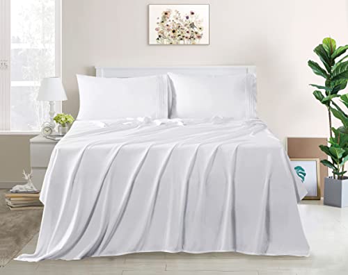 wavveUziz Bed Sheet Set Super Soft 100% Microfiber Sheet 1800 Brushed Microfiber Embroidered King Size Bed Sheets 16-Inch Deep Pocket - 4 Piece, White