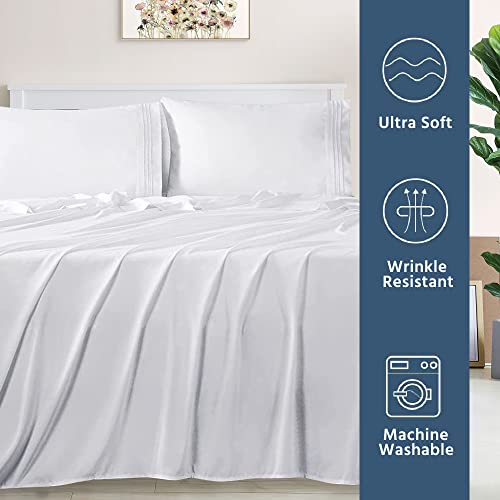 wavveUziz Bed Sheet Set Super Soft 100% Microfiber Sheet 1800 Brushed Microfiber Embroidered King Size Bed Sheets 16-Inch Deep Pocket - 4 Piece, White