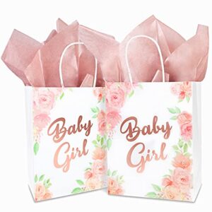 ocean line baby shower paper gift bags for girl with tissue papers - 12 pack kraft floral baby girl bags with rose gold wrapping papers, size 8" l x 4" w x 10" h