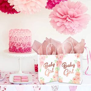 Ocean Line Baby Shower Paper Gift Bags for Girl with Tissue Papers - 12 Pack Kraft Floral Baby Girl Bags with Rose Gold Wrapping Papers, Size 8" L x 4" W x 10" H