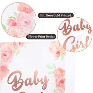 Ocean Line Baby Shower Paper Gift Bags for Girl with Tissue Papers - 12 Pack Kraft Floral Baby Girl Bags with Rose Gold Wrapping Papers, Size 8" L x 4" W x 10" H