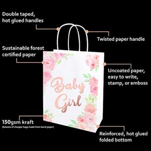 Ocean Line Baby Shower Paper Gift Bags for Girl with Tissue Papers - 12 Pack Kraft Floral Baby Girl Bags with Rose Gold Wrapping Papers, Size 8" L x 4" W x 10" H