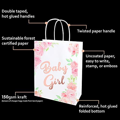 Ocean Line Baby Shower Paper Gift Bags for Girl with Tissue Papers - 12 Pack Kraft Floral Baby Girl Bags with Rose Gold Wrapping Papers, Size 8" L x 4" W x 10" H