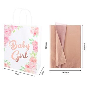 Ocean Line Baby Shower Paper Gift Bags for Girl with Tissue Papers - 12 Pack Kraft Floral Baby Girl Bags with Rose Gold Wrapping Papers, Size 8" L x 4" W x 10" H