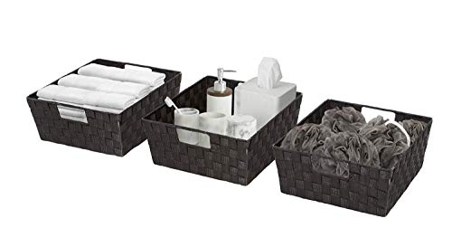 Sorbus Woven Basket Bin Set - Shelf Storage Tote Baskets for Household Items - Stackable with Woven Straps & Built-in Carry Handles (Black)