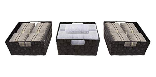 Sorbus Woven Basket Bin Set - Shelf Storage Tote Baskets for Household Items - Stackable with Woven Straps & Built-in Carry Handles (Black)