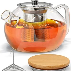 Glass Teapot with Infuser - Kettle for Loose Leaf & Blooming Tea - Stovetop & Microwave Safe Borosilicate Glass - 34oz Clear Pot with Removable Infusion - Premium Tea Maker with Gift Box & Bamboo Lid…