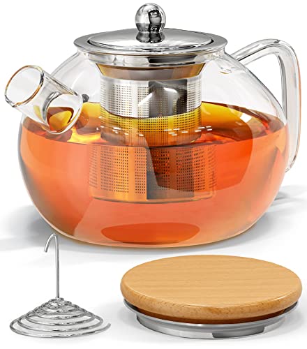 Glass Teapot with Infuser - Kettle for Loose Leaf & Blooming Tea - Stovetop & Microwave Safe Borosilicate Glass - 34oz Clear Pot with Removable Infusion - Premium Tea Maker with Gift Box & Bamboo Lid…