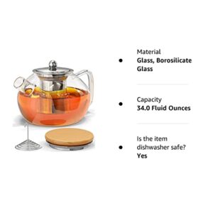 Glass Teapot with Infuser - Kettle for Loose Leaf & Blooming Tea - Stovetop & Microwave Safe Borosilicate Glass - 34oz Clear Pot with Removable Infusion - Premium Tea Maker with Gift Box & Bamboo Lid…