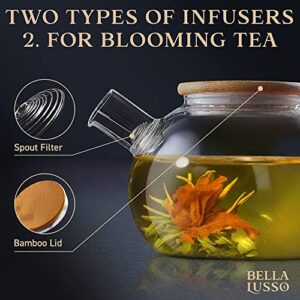 Glass Teapot with Infuser - Kettle for Loose Leaf & Blooming Tea - Stovetop & Microwave Safe Borosilicate Glass - 34oz Clear Pot with Removable Infusion - Premium Tea Maker with Gift Box & Bamboo Lid…