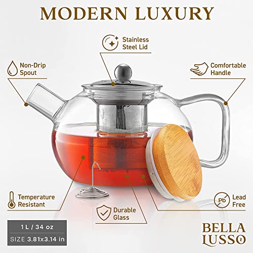 Glass Teapot with Infuser - Kettle for Loose Leaf & Blooming Tea - Stovetop & Microwave Safe Borosilicate Glass - 34oz Clear Pot with Removable Infusion - Premium Tea Maker with Gift Box & Bamboo Lid…