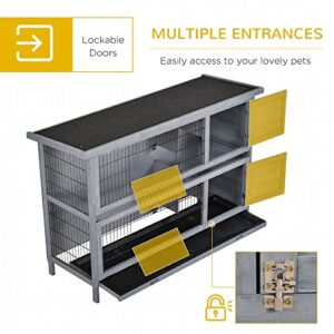 PawHut 54" 2-Story Large Rabbit Hutch Bunny Cage Wooden Pet House Small Animal Habitat with Lockable Doors, No Leak Tray and Waterproof Roof for Outdoor/Indoor Grey