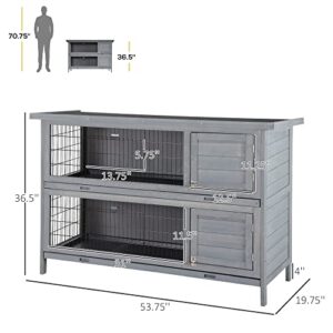 PawHut 54" 2-Story Large Rabbit Hutch Bunny Cage Wooden Pet House Small Animal Habitat with Lockable Doors, No Leak Tray and Waterproof Roof for Outdoor/Indoor Grey