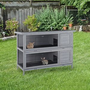 PawHut 54" 2-Story Large Rabbit Hutch Bunny Cage Wooden Pet House Small Animal Habitat with Lockable Doors, No Leak Tray and Waterproof Roof for Outdoor/Indoor Grey