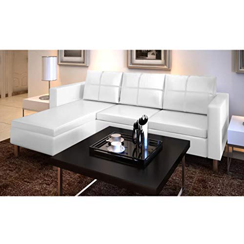 INLIFE Sectional Sofa 3-Seater Artificial Leather L-Shpe Sofa and Couch for Living Room Home Furniture Home Decor White 74" x 48" x 30.3" (L x W x H)