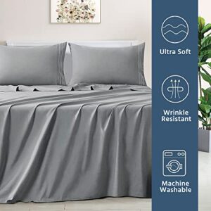 wavveUziz Bed Sheet Set Super Soft 100% Microfiber Sheet 1800 Brushed Microfiber Embroidered Queen Size Bed Sheets 16-Inch Deep Pocket - 4 Piece, Gray