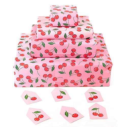 CENTRAL 23 - Pink Wrapping Paper - Cherry Print - 6 GiftWrap Sheets - Birthday Wrap for Women - New Baby Girls - Teenagers - Recyclable