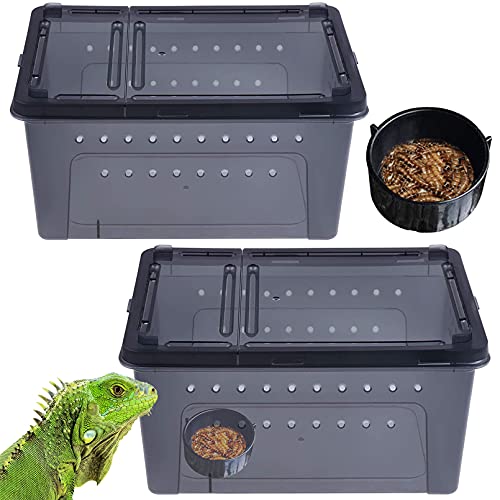 PINVNBY 2 PCS Reptile Feeding Box Portable Snake Breeding Box Lizard Cage Hatching Container 12.59"x8.66"x5.9" Transparent Plastic Pet Houses for Spider Scorpion Gecko Insect Tortoise Treefrog(Black)