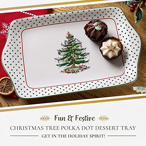 Spode Christmas Tree Collection Dessert Tray, Polka Dot Design, Serving Platter for Dessert and Side Dishes, Measures at 12-Inches, Dishwasher and Microwave Safe