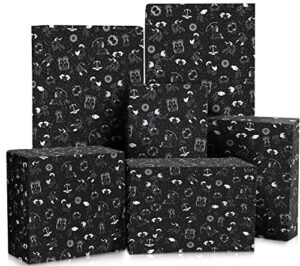 central 23 - black wrapping paper - zodiac - starsigns - 6 sheets of birthday gift wrap - gothic astrology - for christmas - for teenagers men women - recyclable