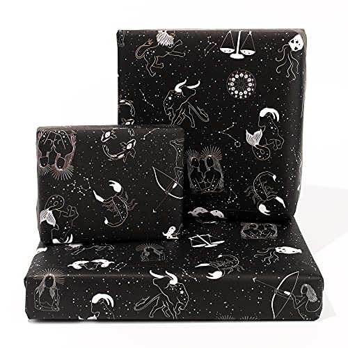 CENTRAL 23 - Black Wrapping Paper - Zodiac - Starsigns - 6 Sheets of Birthday Gift Wrap - Gothic Astrology - For Christmas - For Teenagers Men Women - Recyclable