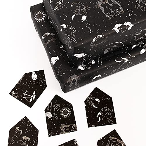 CENTRAL 23 - Black Wrapping Paper - Zodiac - Starsigns - 6 Sheets of Birthday Gift Wrap - Gothic Astrology - For Christmas - For Teenagers Men Women - Recyclable