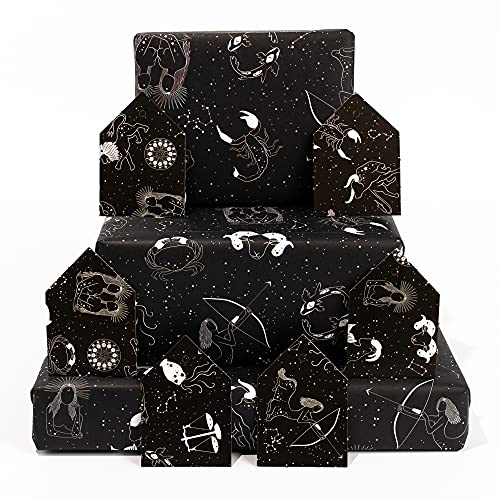 CENTRAL 23 - Black Wrapping Paper - Zodiac - Starsigns - 6 Sheets of Birthday Gift Wrap - Gothic Astrology - For Christmas - For Teenagers Men Women - Recyclable