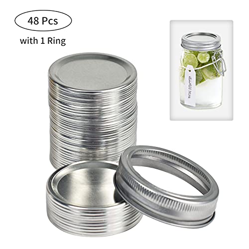 LUXACO 48 Pcs Mason Jar Lids with 1 Ring - Lids for Mason Jar Canning Lids - Aluminum Lids For Mason Jar Regular Mouth Split - 100% Fit & Airtight