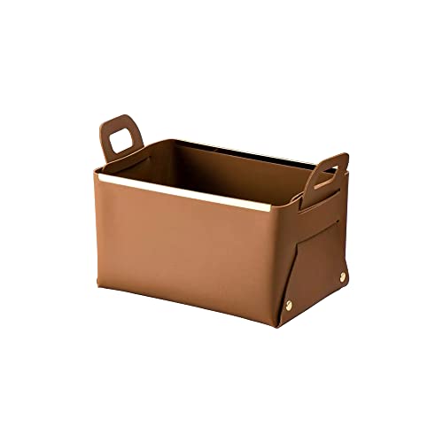 SINOWE Decorative Faux Leather Basket,Small Catchall Basket for Entryway Bedside Dresser End table,Collapsible Rectangle Tray Organizer Box (Caramel)