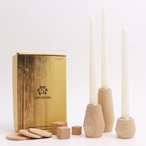 Wooden Candlestick Holders for Taper Candles Set of 3 | Luxury Wood Candle Holders with Gold Cups and Decorative Wooden Cubes | Fireplace Candle Holder | Console Table Decoration Pieces