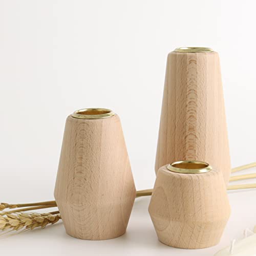 Wooden Candlestick Holders for Taper Candles Set of 3 | Luxury Wood Candle Holders with Gold Cups and Decorative Wooden Cubes | Fireplace Candle Holder | Console Table Decoration Pieces