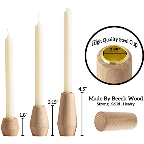 Wooden Candlestick Holders for Taper Candles Set of 3 | Luxury Wood Candle Holders with Gold Cups and Decorative Wooden Cubes | Fireplace Candle Holder | Console Table Decoration Pieces