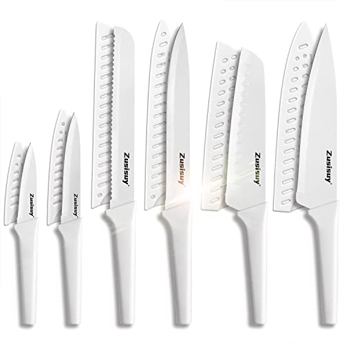 Zusisuy White Professional Kitchen Knife Chef Set, Kitchen Knife Set Stainless Steel, Kitchen Knife Set Dishwasher Safe with Sheathes