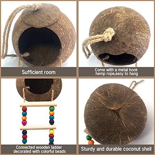 Hovico Coconut Bird Nest with Ladder Bird Toy, Hanging Coconut Shell Bird Nest for Parakeets, Reusable Grass Woven Parakeet Breeding Cave, Handmade Hanging Bird Nest Cage