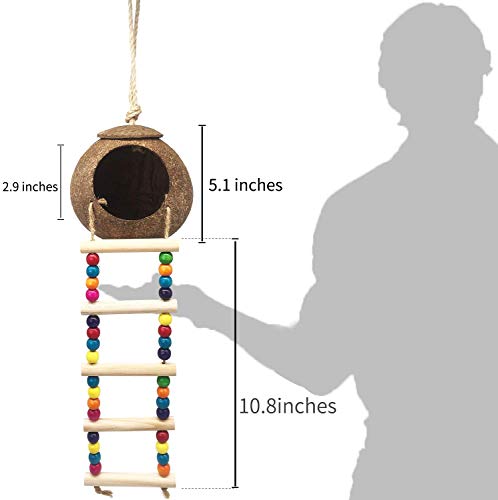 Hovico Coconut Bird Nest with Ladder Bird Toy, Hanging Coconut Shell Bird Nest for Parakeets, Reusable Grass Woven Parakeet Breeding Cave, Handmade Hanging Bird Nest Cage