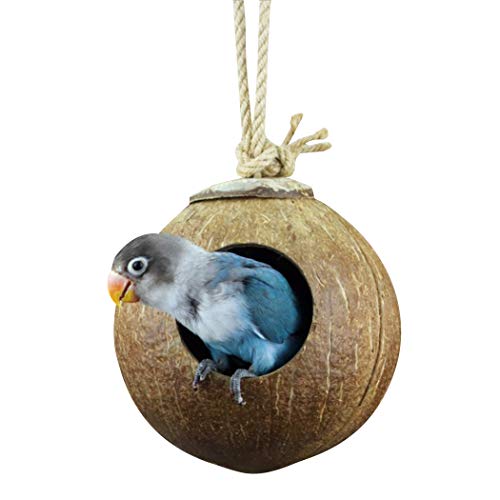 Hovico Coconut Bird Nest with Ladder Bird Toy, Hanging Coconut Shell Bird Nest for Parakeets, Reusable Grass Woven Parakeet Breeding Cave, Handmade Hanging Bird Nest Cage