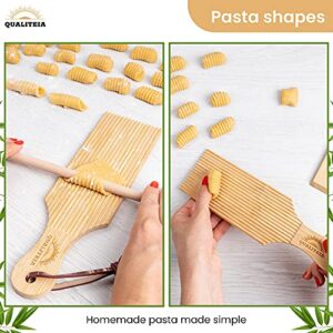 Qualiteia Gnocchi Board Set for Rolling Dough - 2 Pcs Paddles Rollers 1 Pc Cutter Authentic Pasta Shaper Tools Butter Maker Garganelli Cavatelli Tortellini Cavarola Roller Great Cutlery Gift, 9