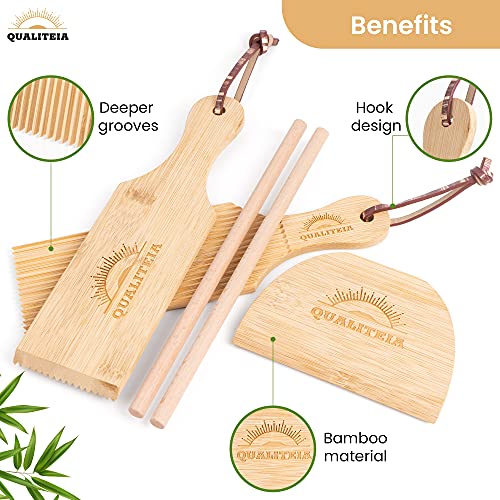 Qualiteia Gnocchi Board Set for Rolling Dough - 2 Pcs Paddles Rollers 1 Pc Cutter Authentic Pasta Shaper Tools Butter Maker Garganelli Cavatelli Tortellini Cavarola Roller Great Cutlery Gift, 9