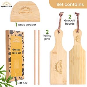 Qualiteia Gnocchi Board Set for Rolling Dough - 2 Pcs Paddles Rollers 1 Pc Cutter Authentic Pasta Shaper Tools Butter Maker Garganelli Cavatelli Tortellini Cavarola Roller Great Cutlery Gift, 9