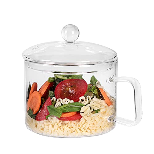 CZFWin Glass Soup Bowl with Lid and Handle, 47 FL OZ Glass Ramen Noodle Bowl Microwave Safe, Clear Glass Simmer Pot for Cooking on Stove