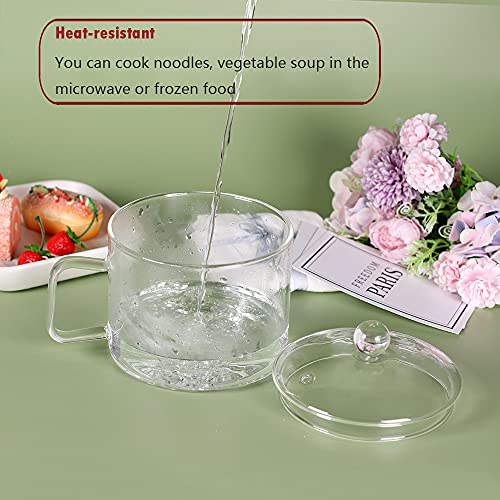 CZFWin Glass Soup Bowl with Lid and Handle, 47 FL OZ Glass Ramen Noodle Bowl Microwave Safe, Clear Glass Simmer Pot for Cooking on Stove