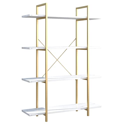 IOTXY 4-Tier Open Shelf Bookcase - Modern Freestanding Wooden Display Stand Unit with Metal Frame for Home and Office, Bookshelf, Gold White