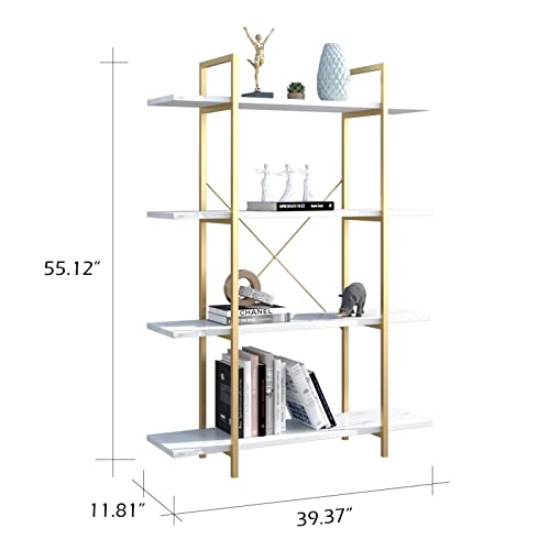 IOTXY 4-Tier Open Shelf Bookcase - Modern Freestanding Wooden Display Stand Unit with Metal Frame for Home and Office, Bookshelf, Gold White