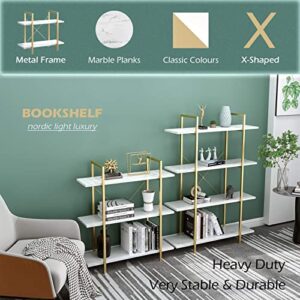 IOTXY 4-Tier Open Shelf Bookcase - Modern Freestanding Wooden Display Stand Unit with Metal Frame for Home and Office, Bookshelf, Gold White