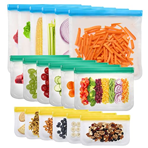 Reusable Food Storage Bags, 18 Pack BPA Free Reusable Freezer Bags, Leakproof Storage Bag for Food (6 reusable gallon bags & 6 reusable sandwich bags & 6 reusable snack bags)