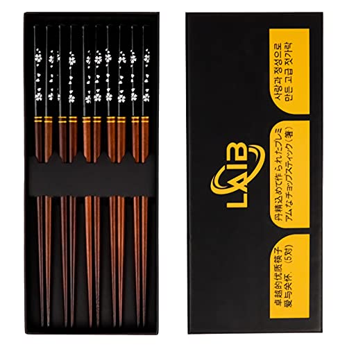 LAIB Japanese Wooden Chopsticks Set, 5 Pairs Premium Class Reusable Chopsticks in Luxurious Gift Box