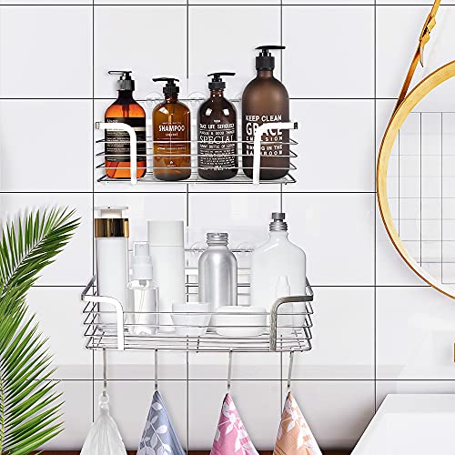 Shower Caddy Basket Shelf, Wall Mounted Bathroom Shower Storage Organizer with 4 Hooks, SUS304 Stainless Steel Adhesive Shower Shelf for Bathrooms, Toilets, Shower Room, Kitchen - 2 Pack