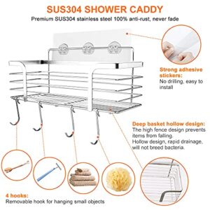 Shower Caddy Basket Shelf, Wall Mounted Bathroom Shower Storage Organizer with 4 Hooks, SUS304 Stainless Steel Adhesive Shower Shelf for Bathrooms, Toilets, Shower Room, Kitchen - 2 Pack