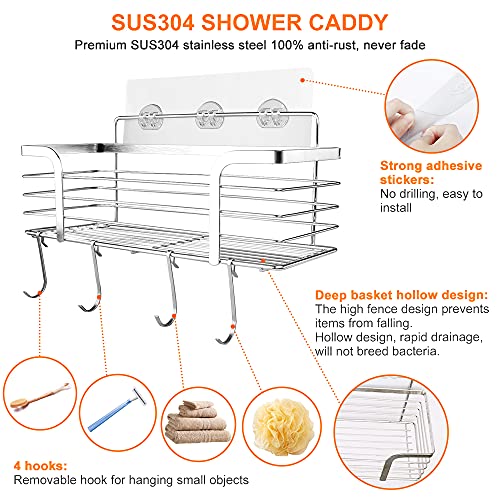 Shower Caddy Basket Shelf, Wall Mounted Bathroom Shower Storage Organizer with 4 Hooks, SUS304 Stainless Steel Adhesive Shower Shelf for Bathrooms, Toilets, Shower Room, Kitchen - 2 Pack