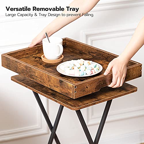 HOOBRO TV Tray Table, Folding Table with Removable Serving Tray, Stable TV Tray Snack Table for Small Space, Portable End Table, for Snacks and Meals in Living Room, Rustic Brown BF29BZ01